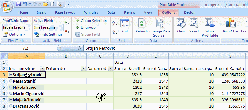 Pivot tabela /PIVOT TABLE/ - Sortiranje od A do Z u Pivot tabeli