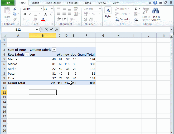 abc Microsoft EXCEL 2010 - Pivot table - Shadowing rows and colloms